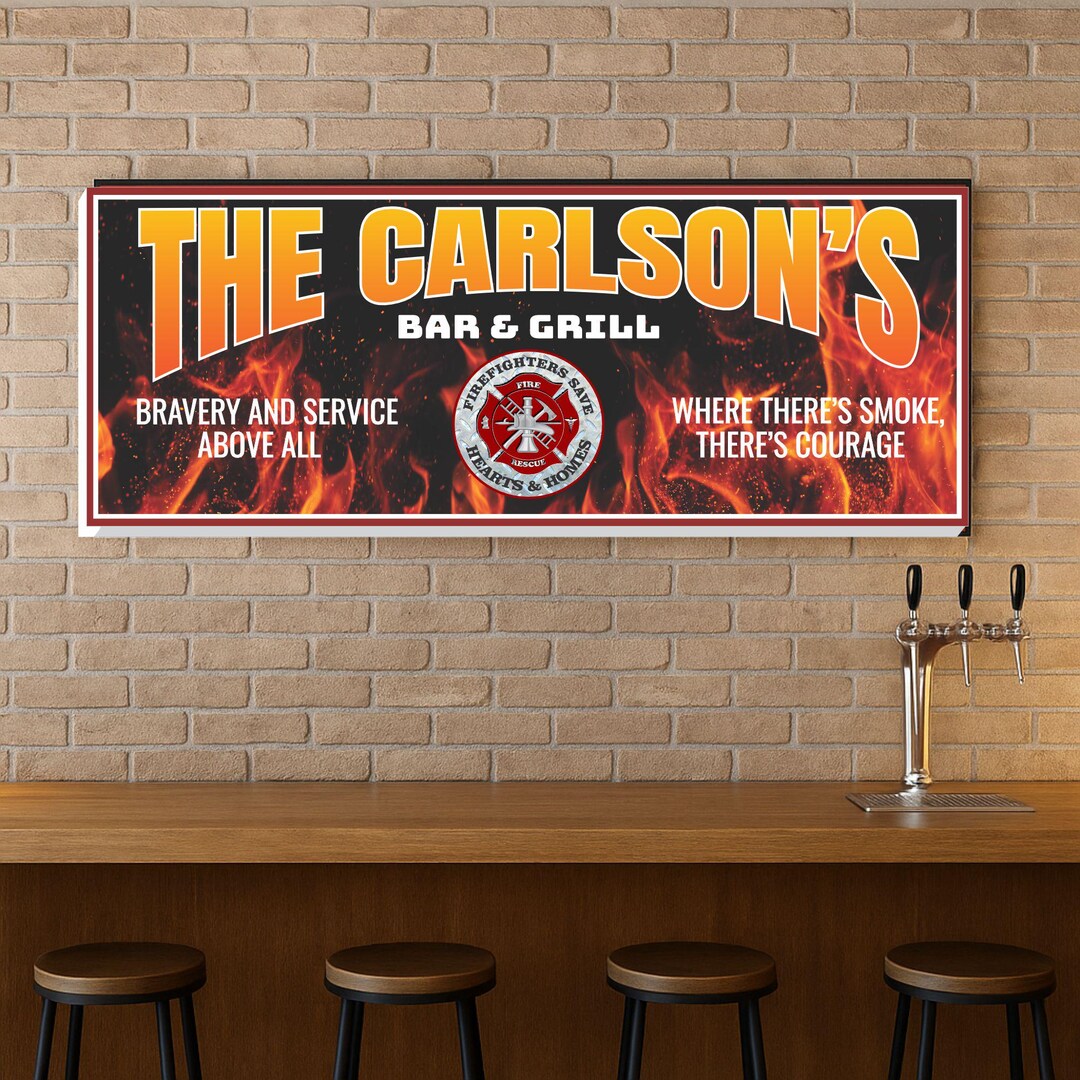 Personalized Firefighter Bar Sign – Custom Flame Wall Art for Firemen ...
