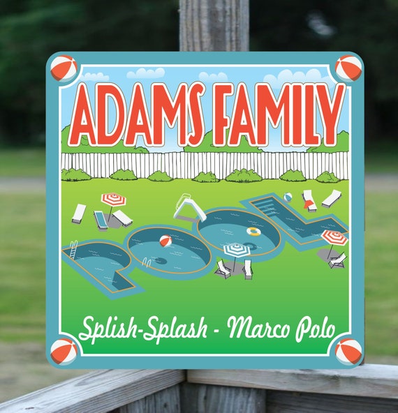 Backyard Pool Personalized Sign With Water Slide & Beach | Etsy