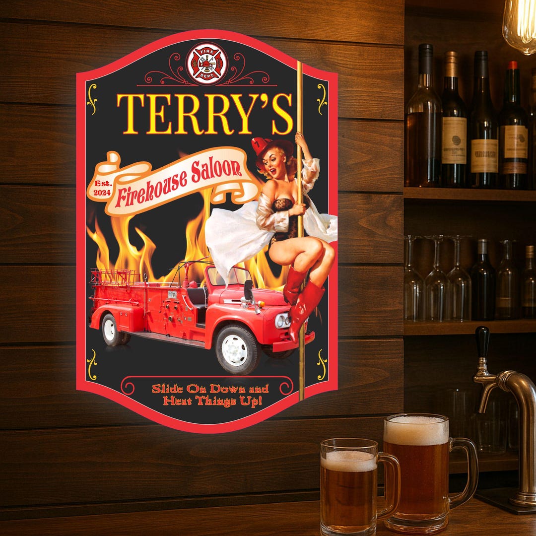 Personalized Firehouse Saloon Sign: Vintage Pin-up Firefighter Wall Art ...