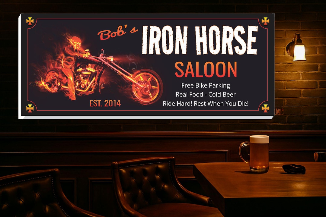 Personalized Motorcycle Saloon Sign – Custom Biker Bar Garage Wall Art ...