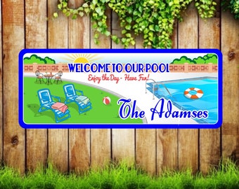 Custom Swimming Pool Welcome Sign With Pool Loungers Bech - Etsy