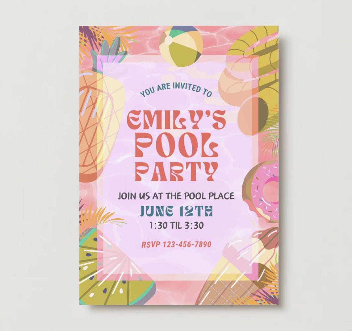Pool Party Birthday Invitation Illustration Printable Editable Invite ...