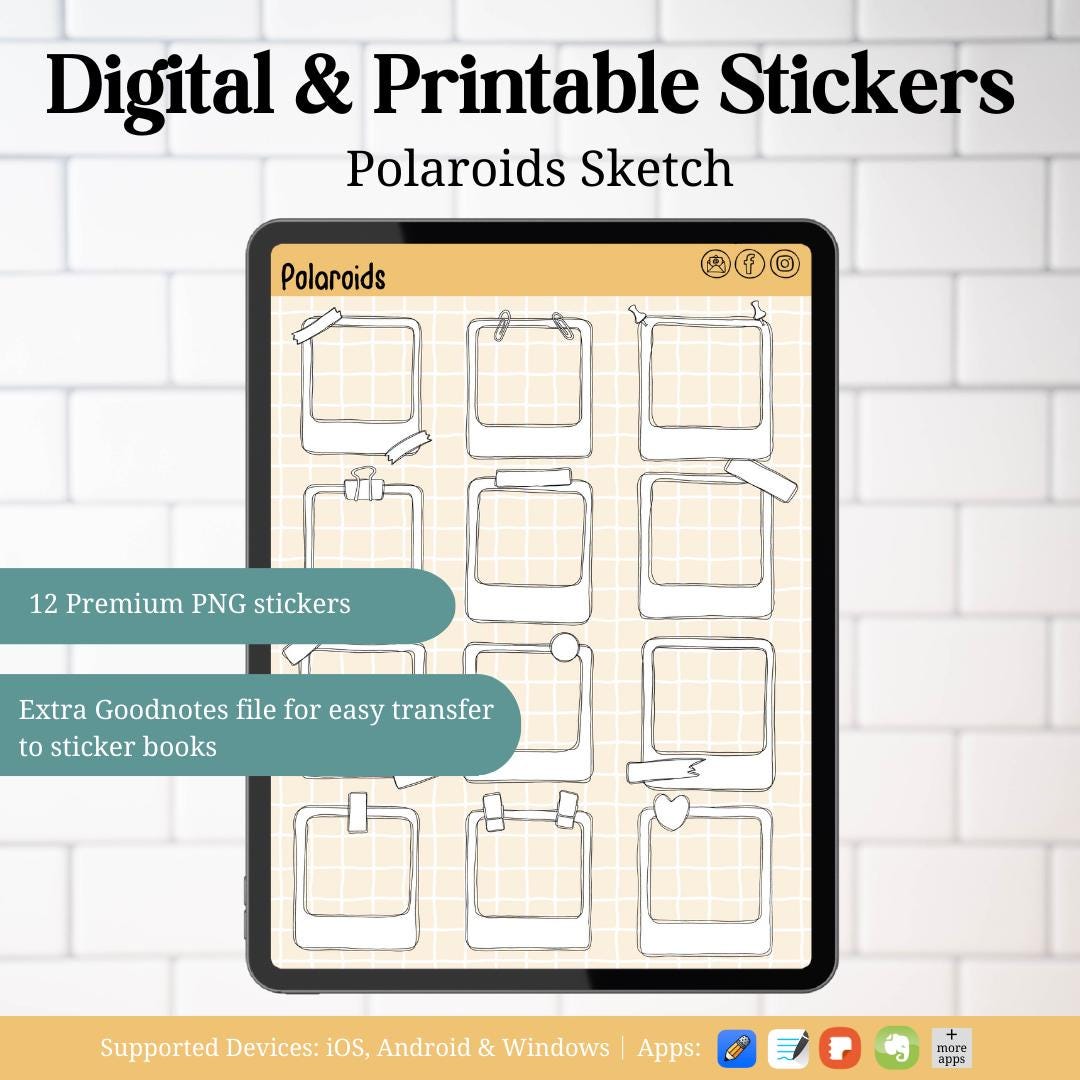 Digital Printable Stickers, Sketchy Polaroid Designs for Creative ...