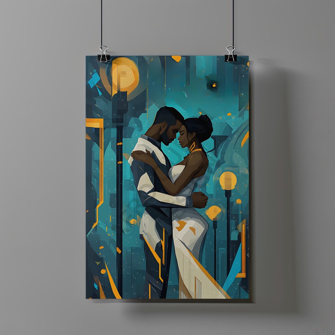 Romantic Afro Couple Art Print, Abstract Black Love Digital Wall Decor, African American ...