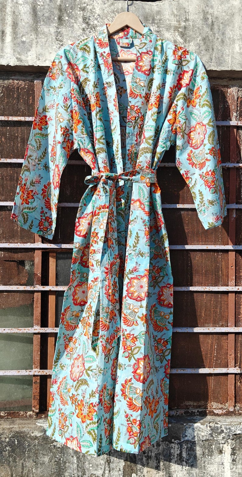 Hand Block Flower Print Cotton Kimono Robe, Indian Loungewear - Etsy