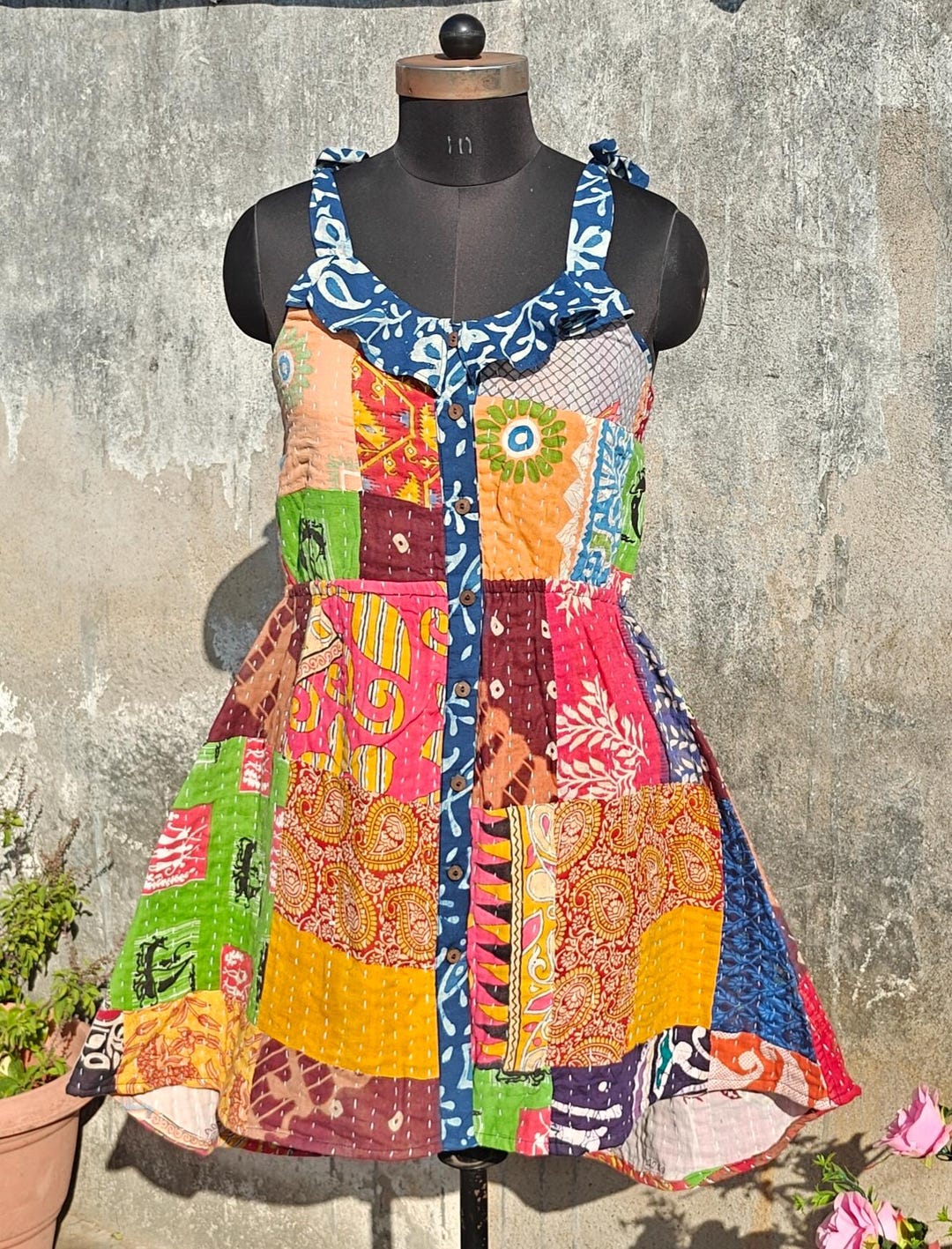 Handmade Upcycled Kantha Cotton Sundress, Boho Hippie Reversible Dress ...