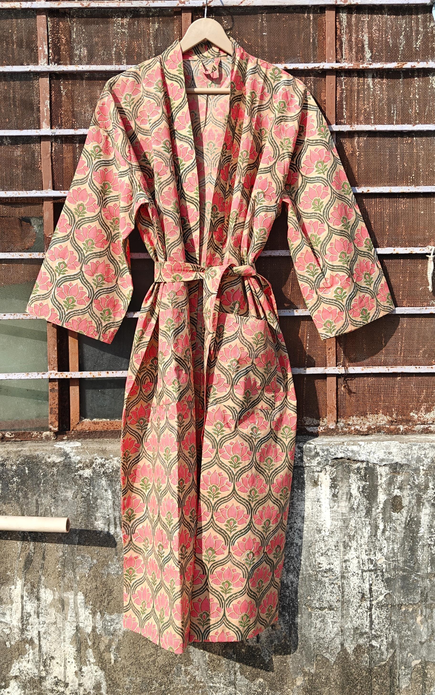 Hand Block Flower Print Cotton Kimono Robe, Indian Loungewear - Etsy