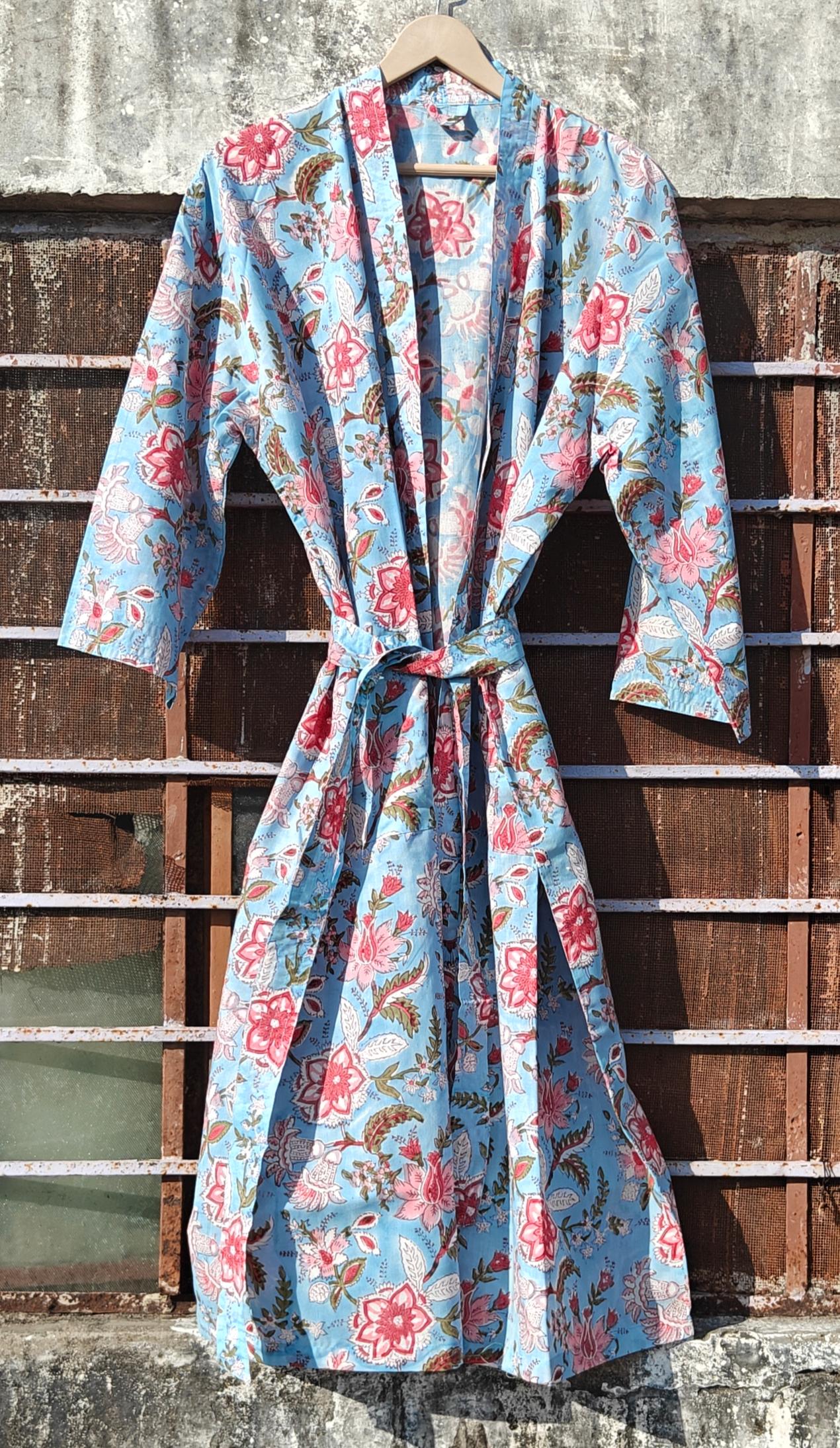 Hand Block Flower Print Cotton Kimono Robe, Indian Loungewear - Etsy