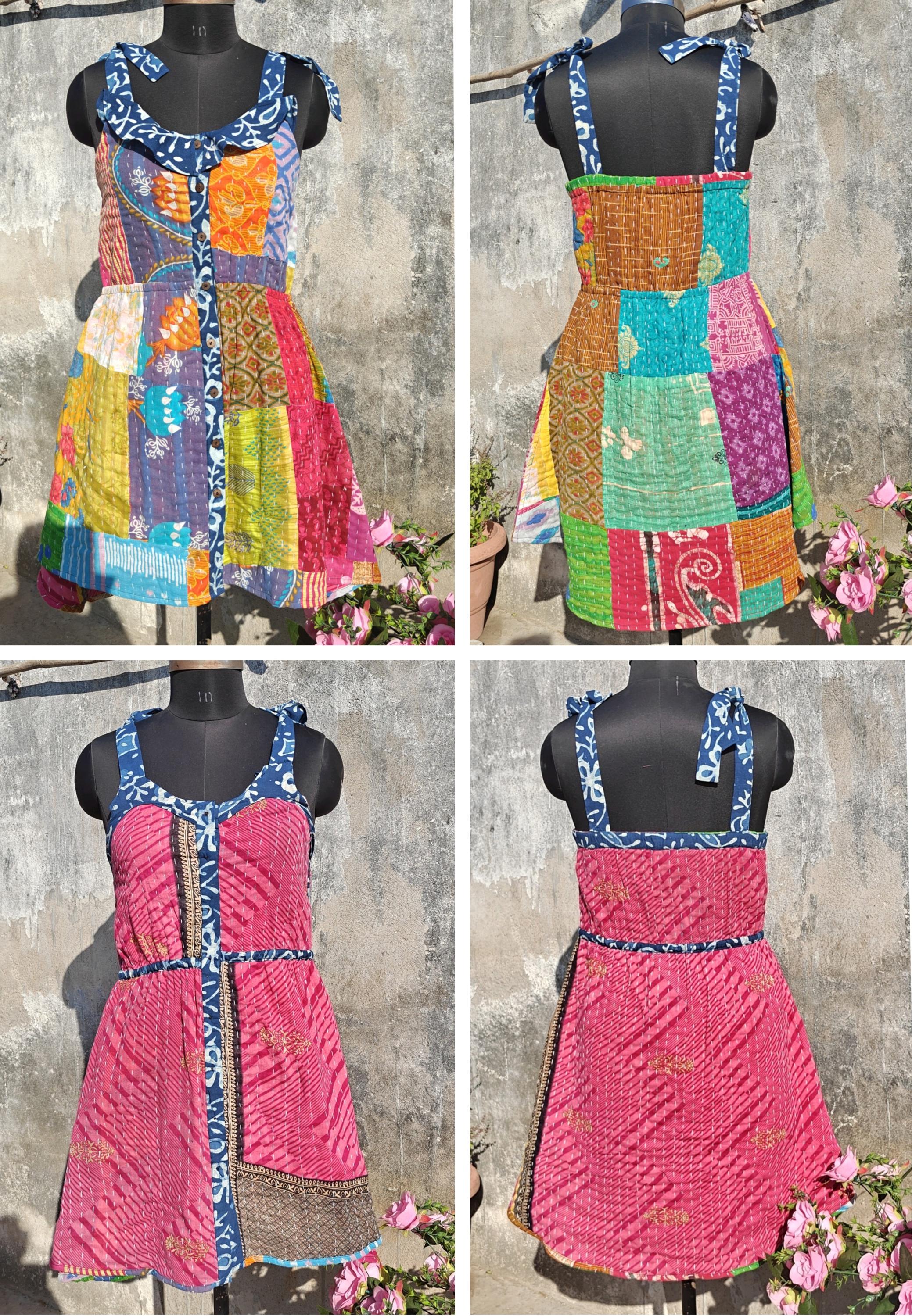 Handmade Upcycled Kantha Cotton Sundress, Boho Hippie Reversible Dress ...