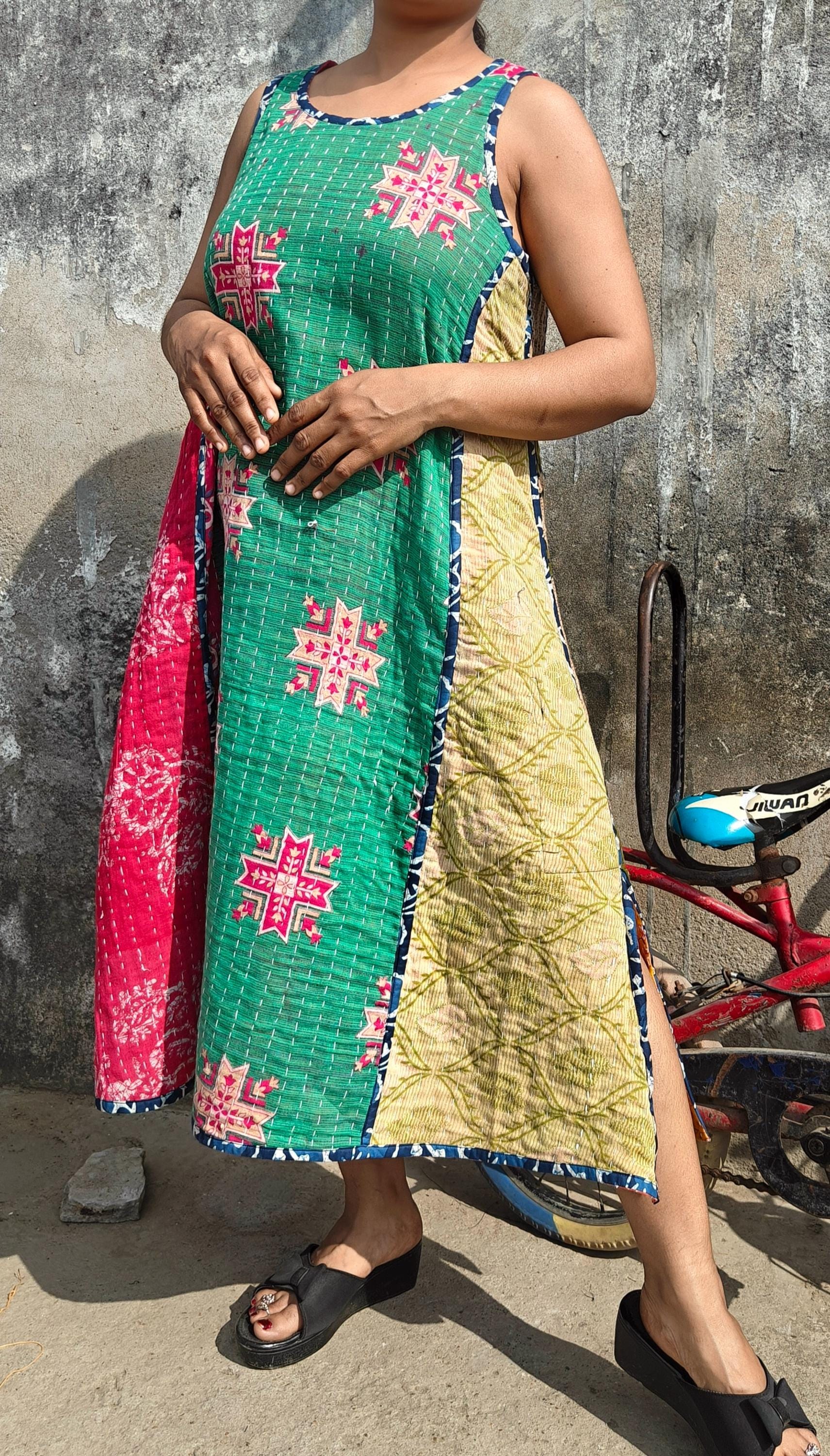 Colorful Handmade Upcycled Kantha Cotton Summer Sundress, Boho Hippie ...