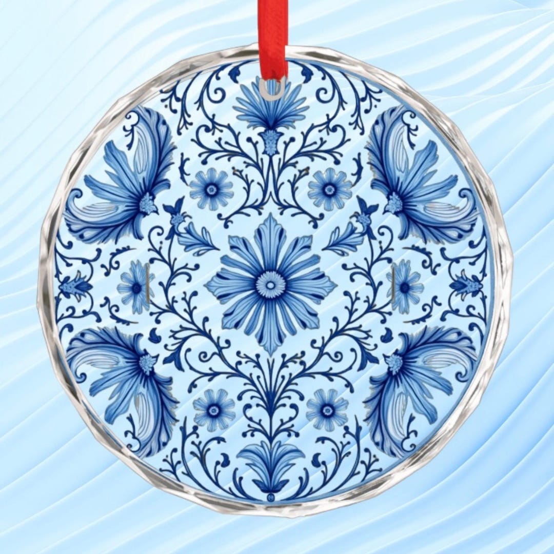 Blue Flower Toile Luxe Elegant Crystal Glass Ornament,christmas ...