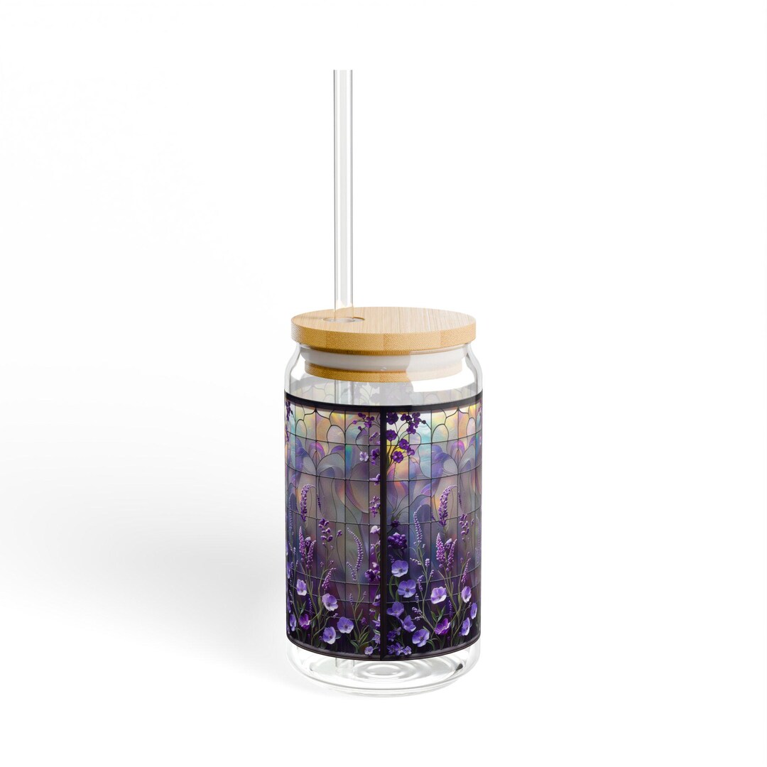 Purple Glass Sipper Cup With a Stained Glass Purple Flowers Design ...