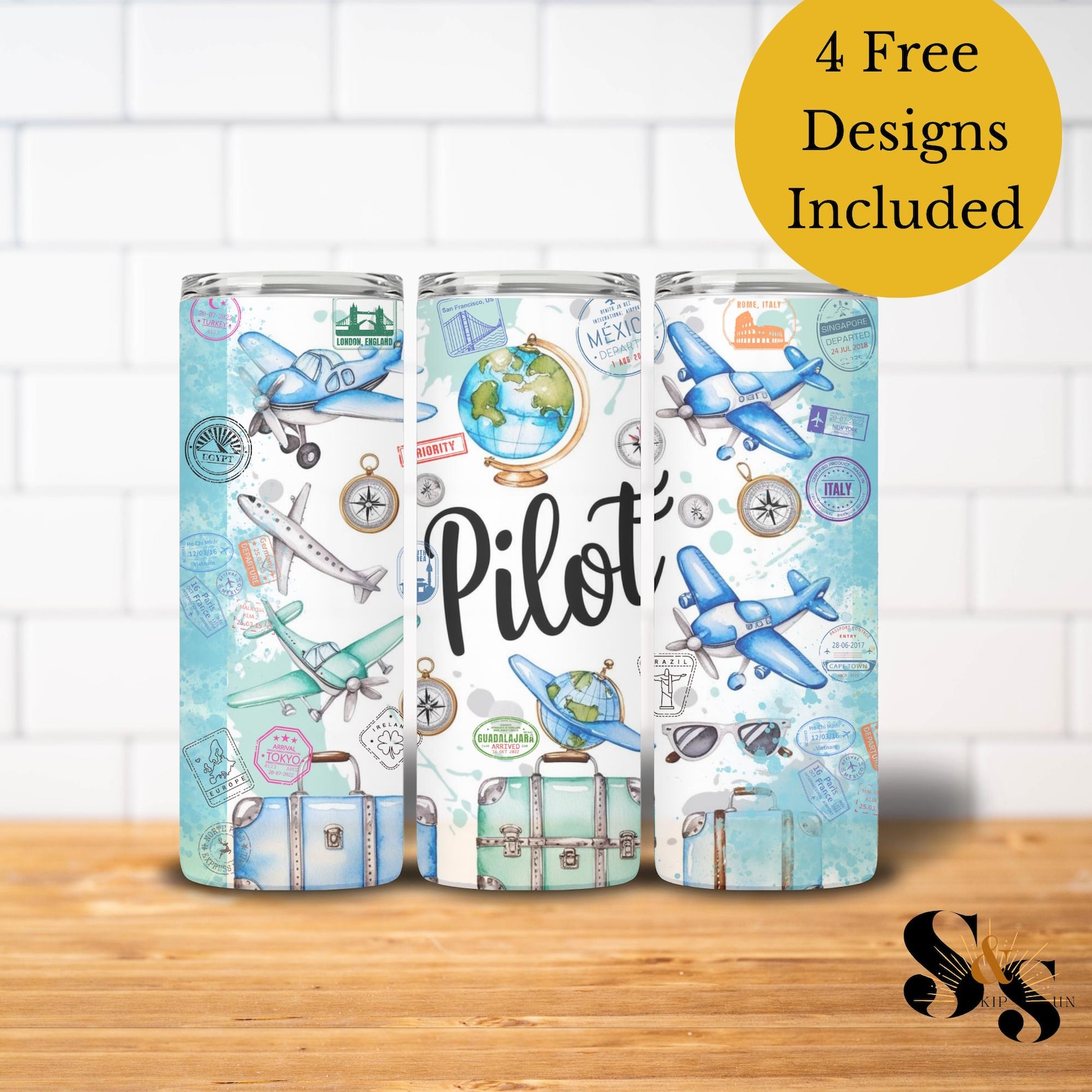 Pilot Tumbler Wrap PNG: Aviation Sublimation Design (20oz Skinny ...
