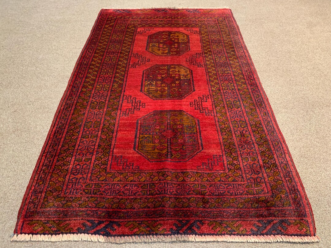 Vintage Red Rug 2x4 Ft Handmade Afghan Wool Rug Antique Ersari Design ...