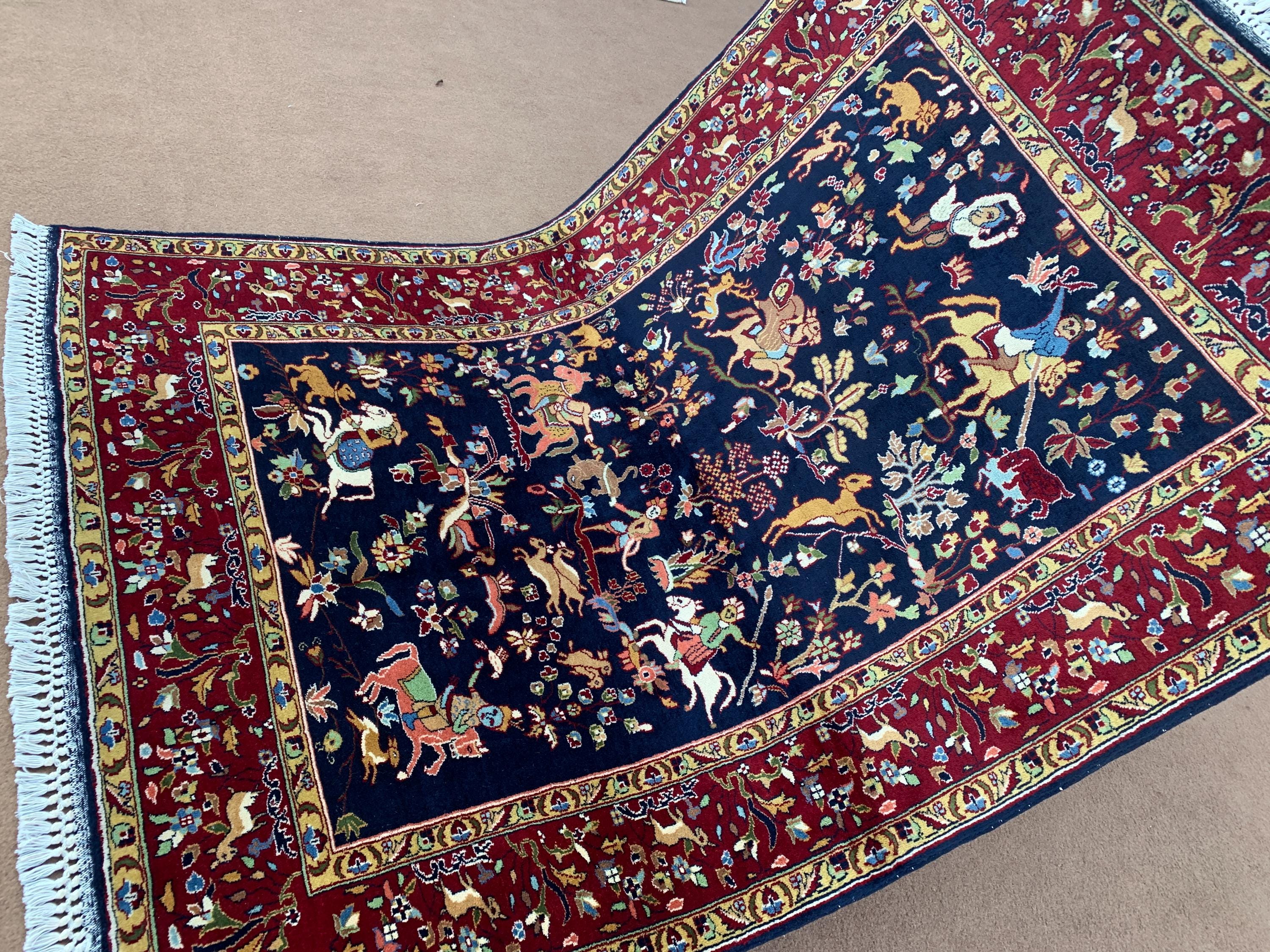 Navy Blue Red Pictorial Rug 4x6 Ft Handmade Afghan Wool Rug, Shikar Gah ...