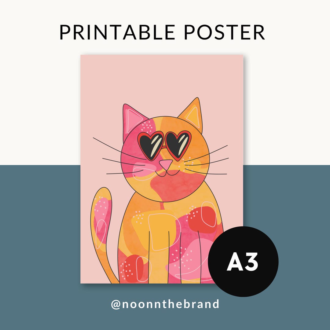 Pink Cat Printable Poster Digital Download A3 - Etsy