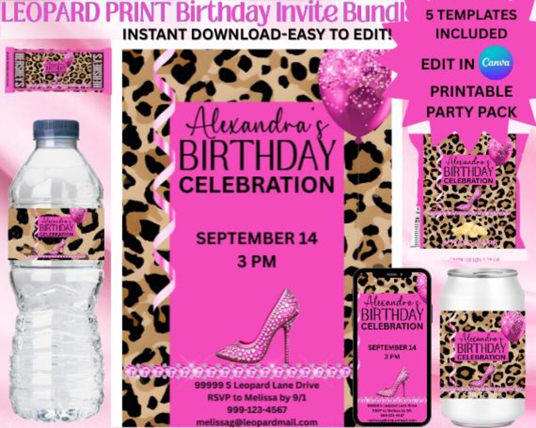 Leopard Print Birthday Invitation Bundle | Pink Leopard Birthday Party ...