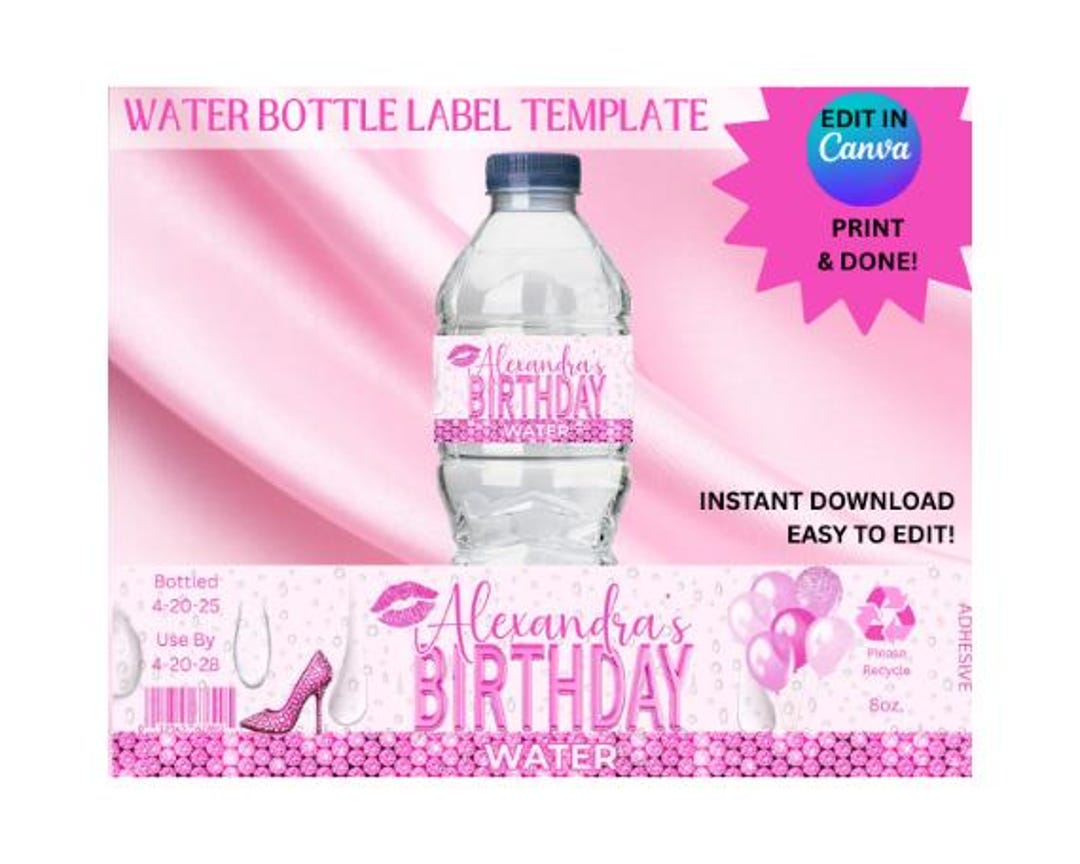 Editable Pink Birthday Water Bottle Label Template | Girl Birthday ...