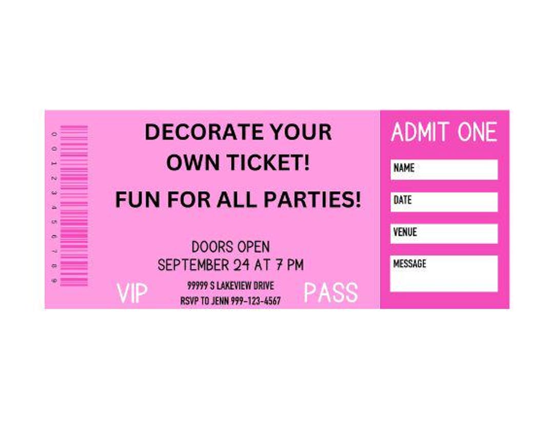 Blank Ticket Invitation Pink | Blank Ticket Template | Girl Birthday ...