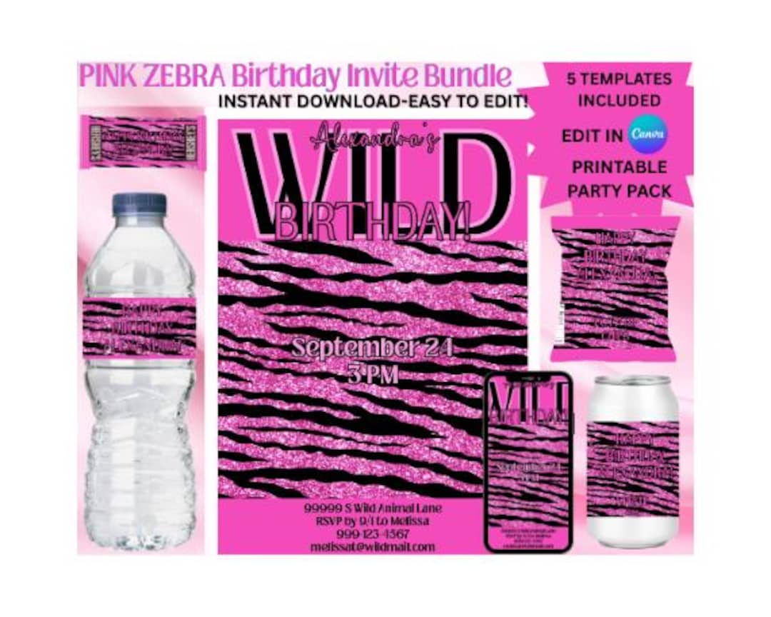 Pink Zebra Wild Birthday Party Bundle | ZEBRA Birthday Invitation ...