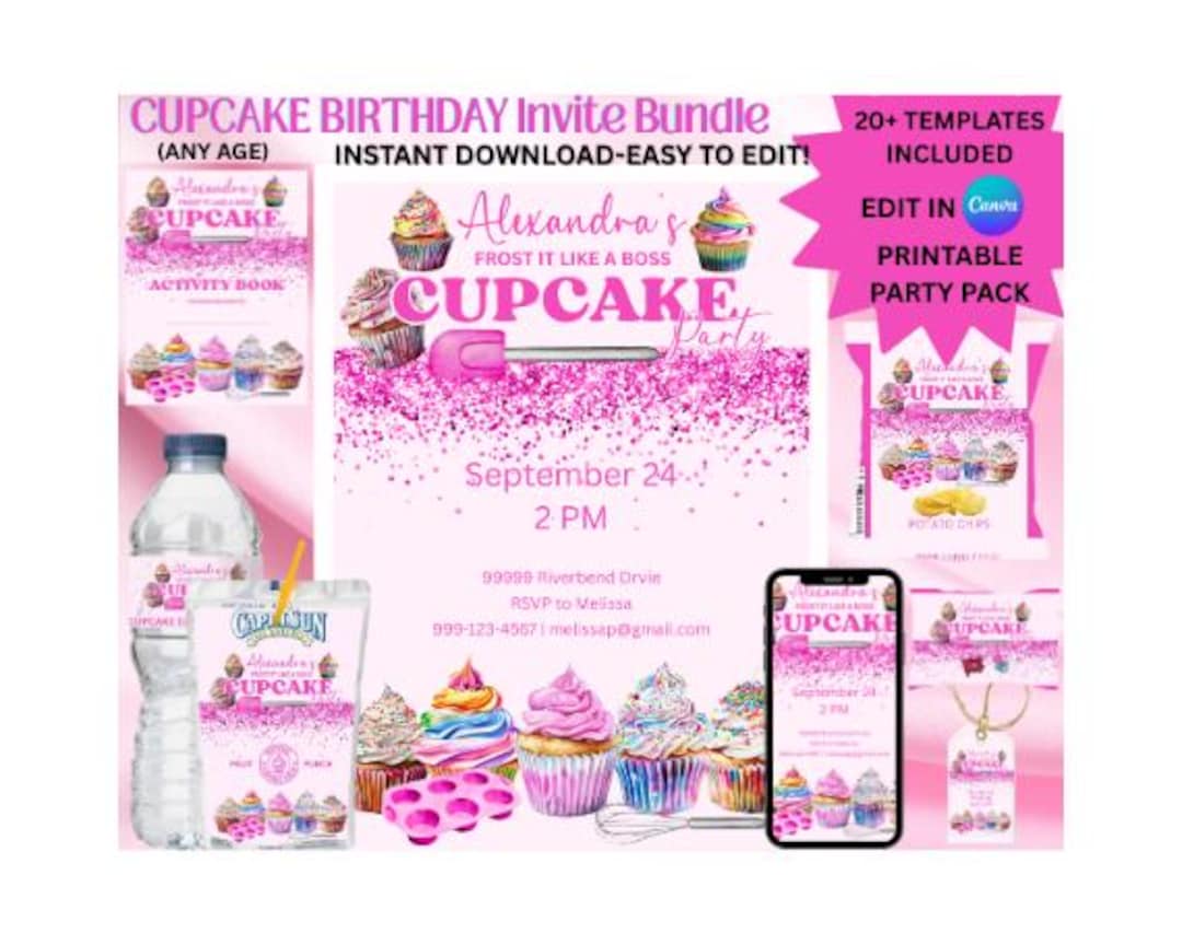 Cupcake Birthday Party Printable Set | Pink Cupcake Theme for Girls ...