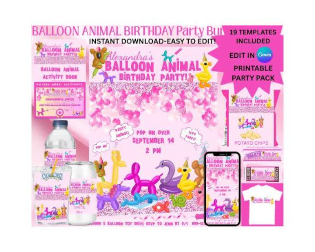 Balloon Animal Birthday Party Bundle | Pink Kids Birthday Printables ...