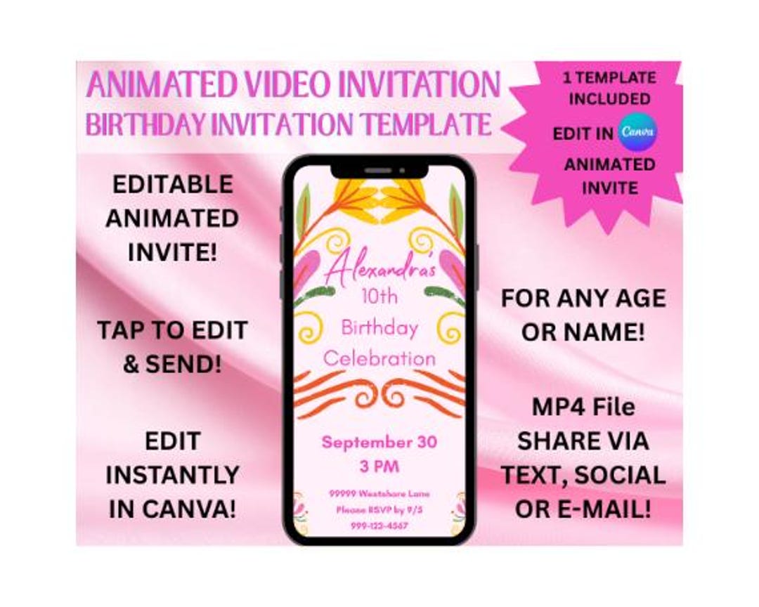 Editable Animated Floral Birthday Invitation | Pink Flowers & Sparkle ...