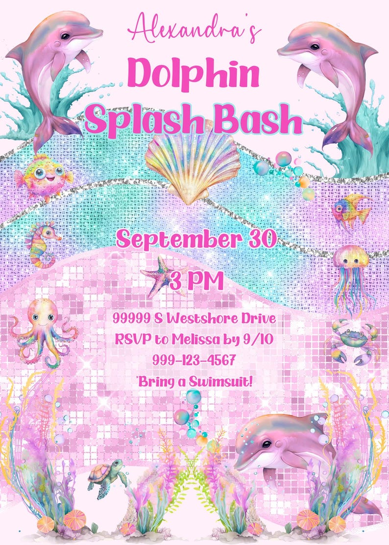 Editable Pink Dolphin Birthday Invitation for Girls | Glitter Under the ...