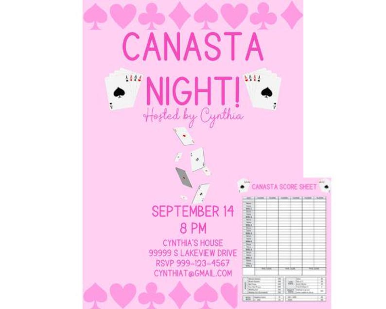 Canasta Night Invitation & Score Sheet | Pink Canasta Set | Canasta ...