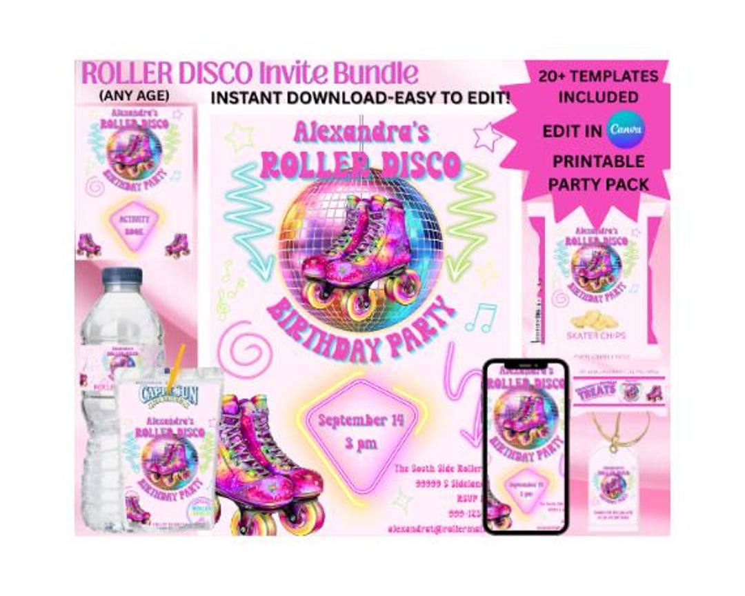 Roller Disco Party Bundle Printables | Roller Disco Birthday Party ...