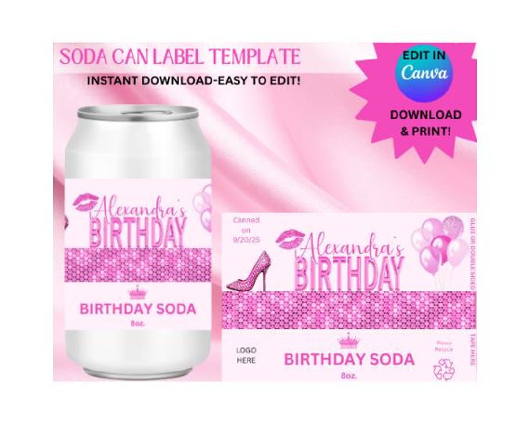 Editable Pink Birthday Soda Can Label Template | Girl Birthday Party ...