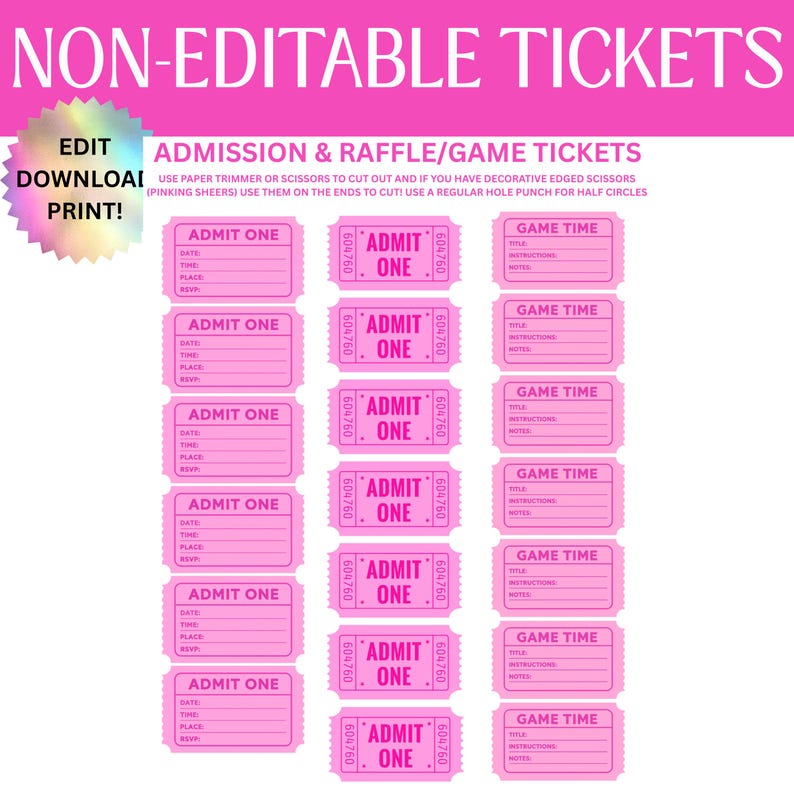 Editable Party Ticket Bundle | Admit One, VIP, 1 Entry, Raffle & Event ...