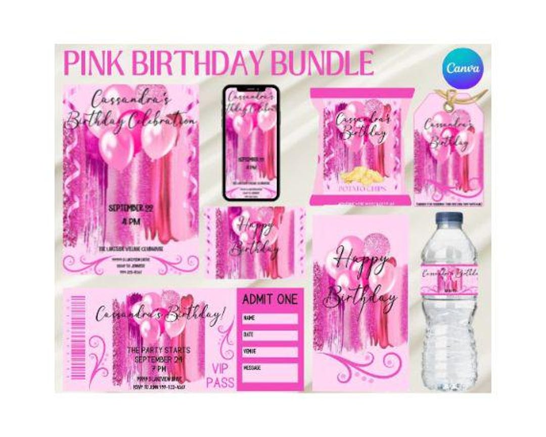 Pink Birthday Invitation Bundle | Pink Glam Birthday Invitation Bundle ...