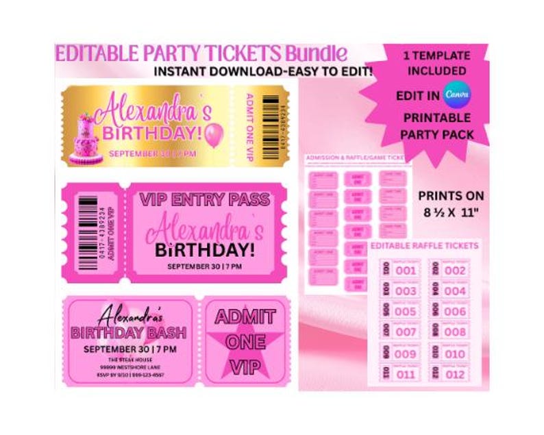 Editable Party Ticket Bundle | Admit One, VIP, 1 Entry, Raffle & Event ...