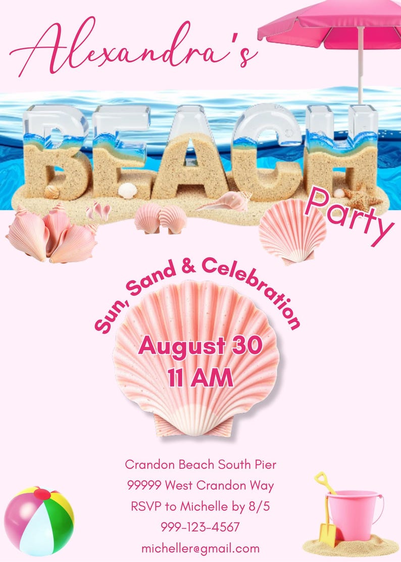 Editable Beach Birthday Party Invitation for Girls | Pink Sand ...