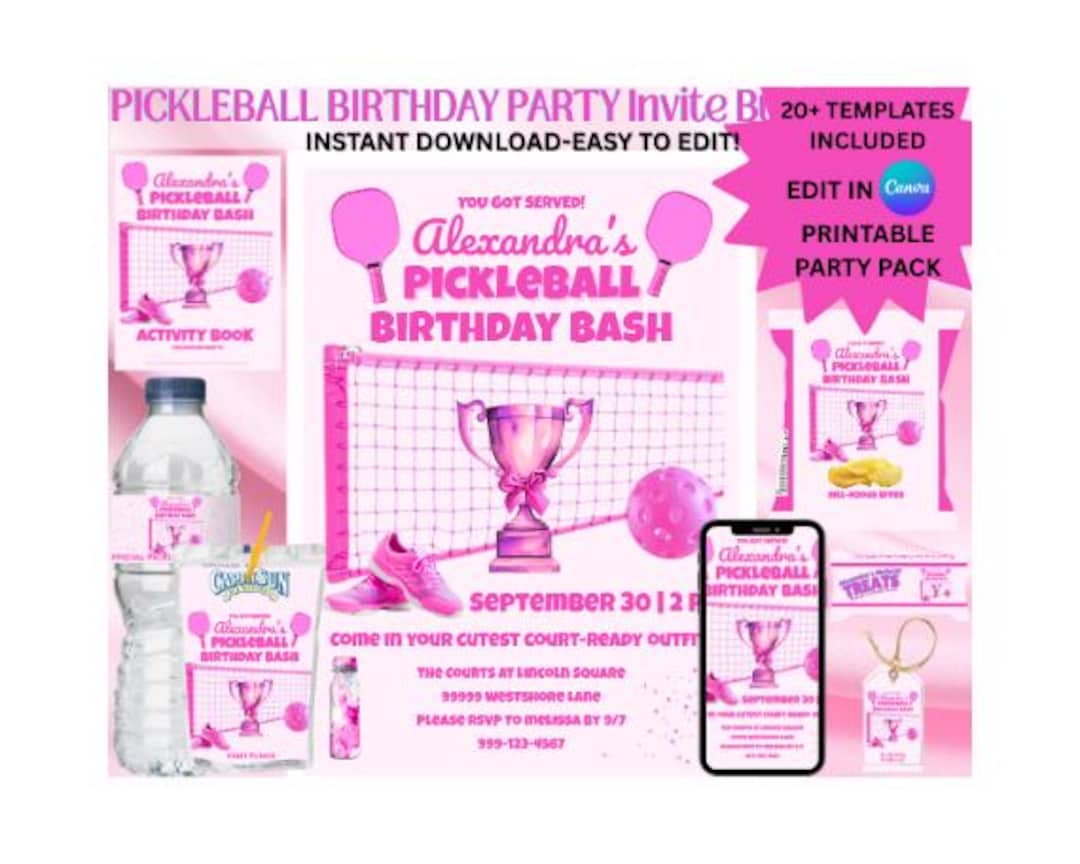 Pickleball Birthday Party Printable Bundle | Editable Invitation ...