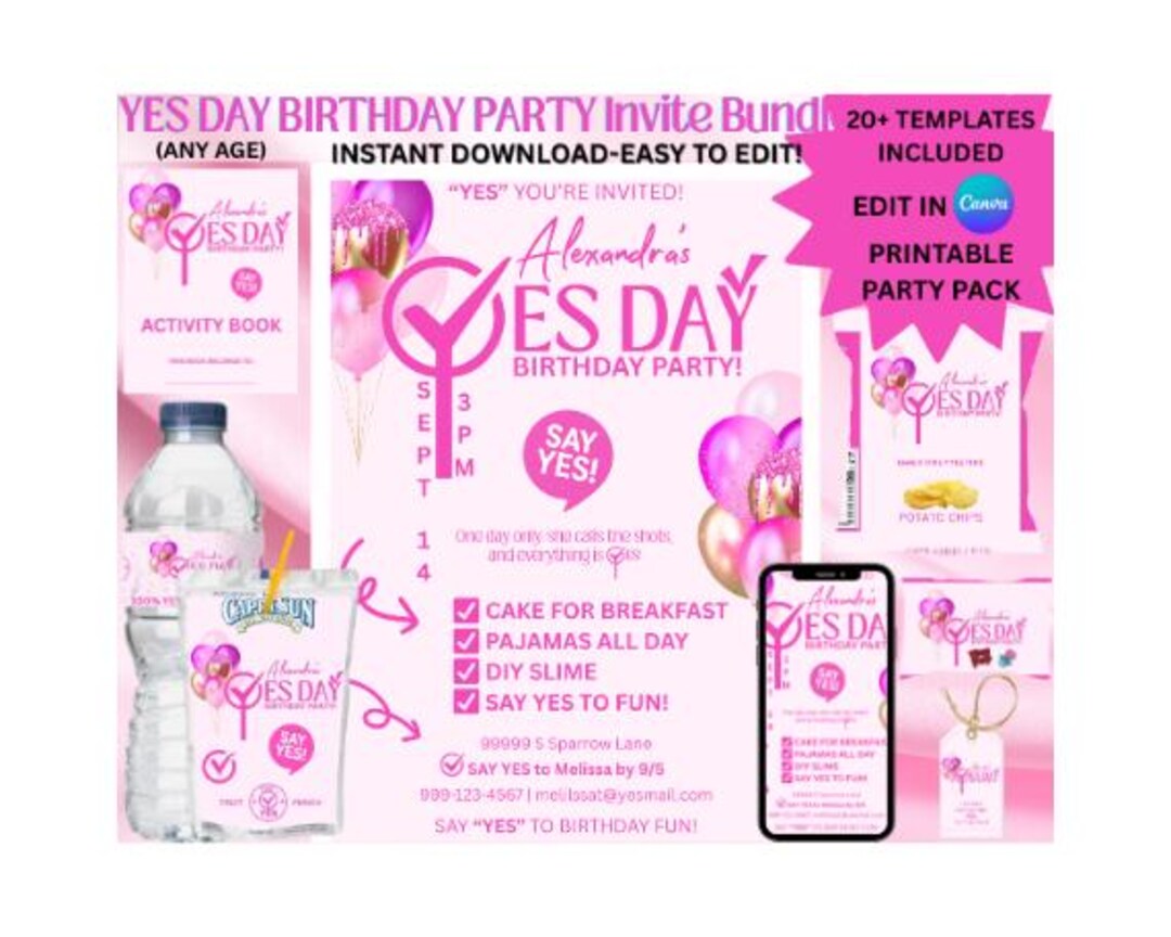 YES Day Birthday Party Printable Bundle | Pink YES Day Activities ...