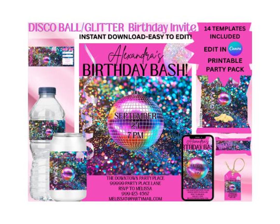 Disco Birthday Party Invitation Bundle | Pink Disco Party Printables ...