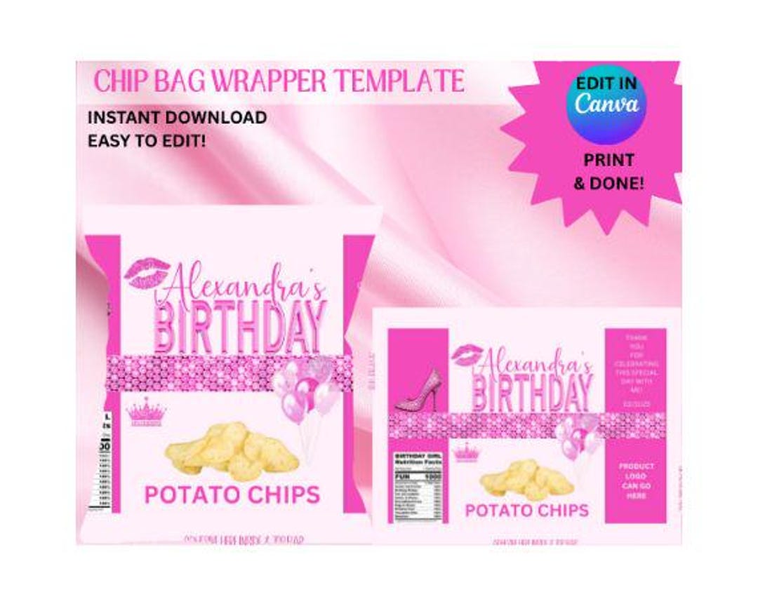 Editable Pink Birthday Chip Bag Wrapper Template | Girl Birthday Snack ...