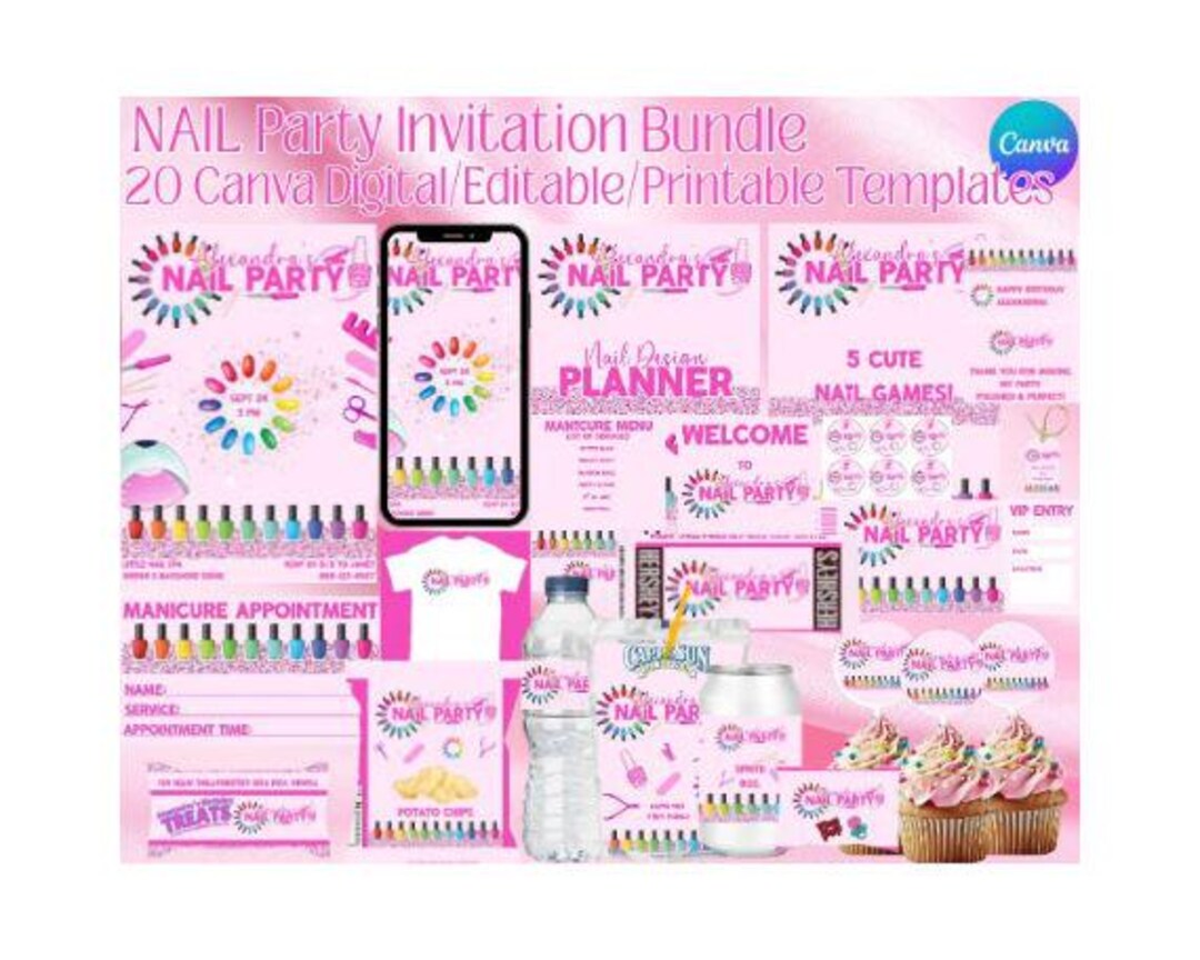 Nail Party Invitation & Spa Printable Bundle for Girls | Pink Glam ...