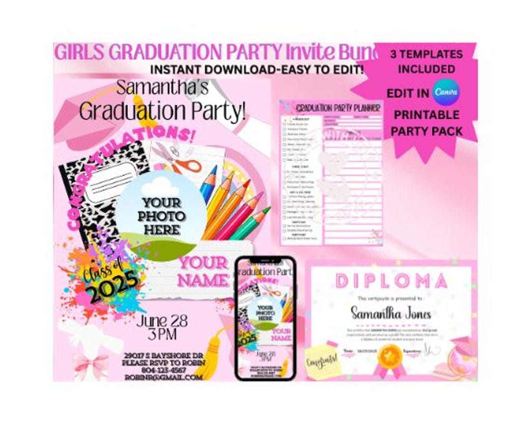 Girl Graduation Party Invitation Bundle | Cute Graduation Party Invite ...