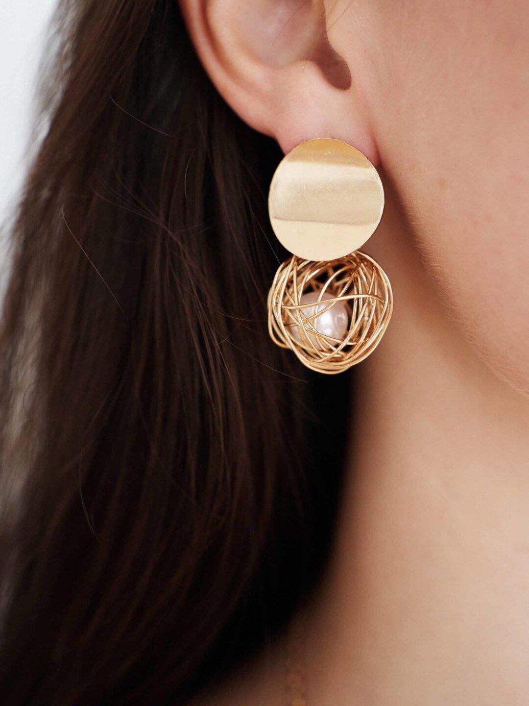 Golden Pearls Dangle Ball Sphere Shape Earrings, Golden Ball Earrings ...