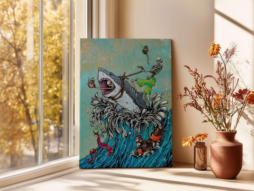 Skull Pirate Surfer Wall Print, Playroom Shark Canvas Poster, Boy Room ...