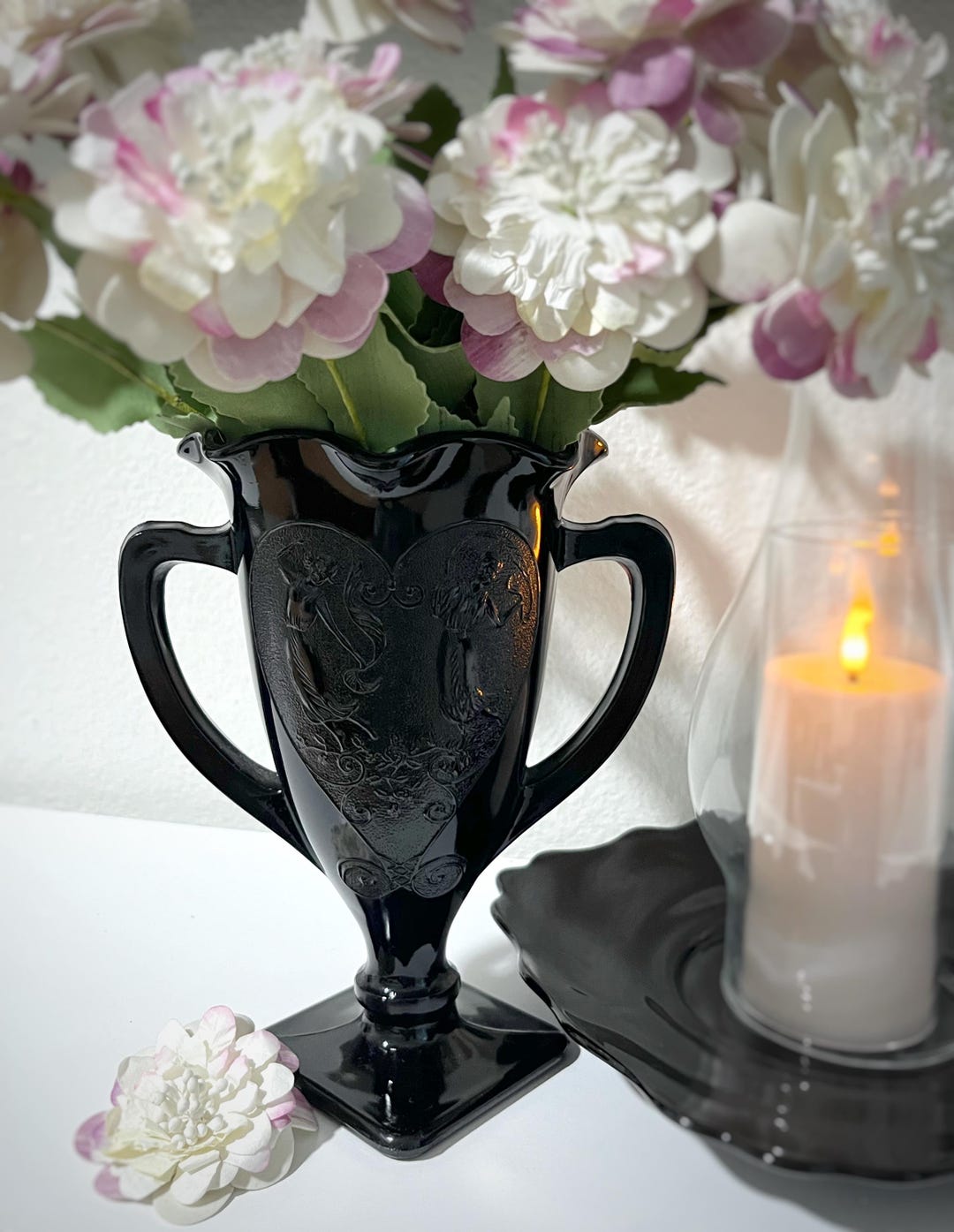 Vintage L.E. Smith Depression Glass Black Amethyst Ruffled Trophy Vase ...