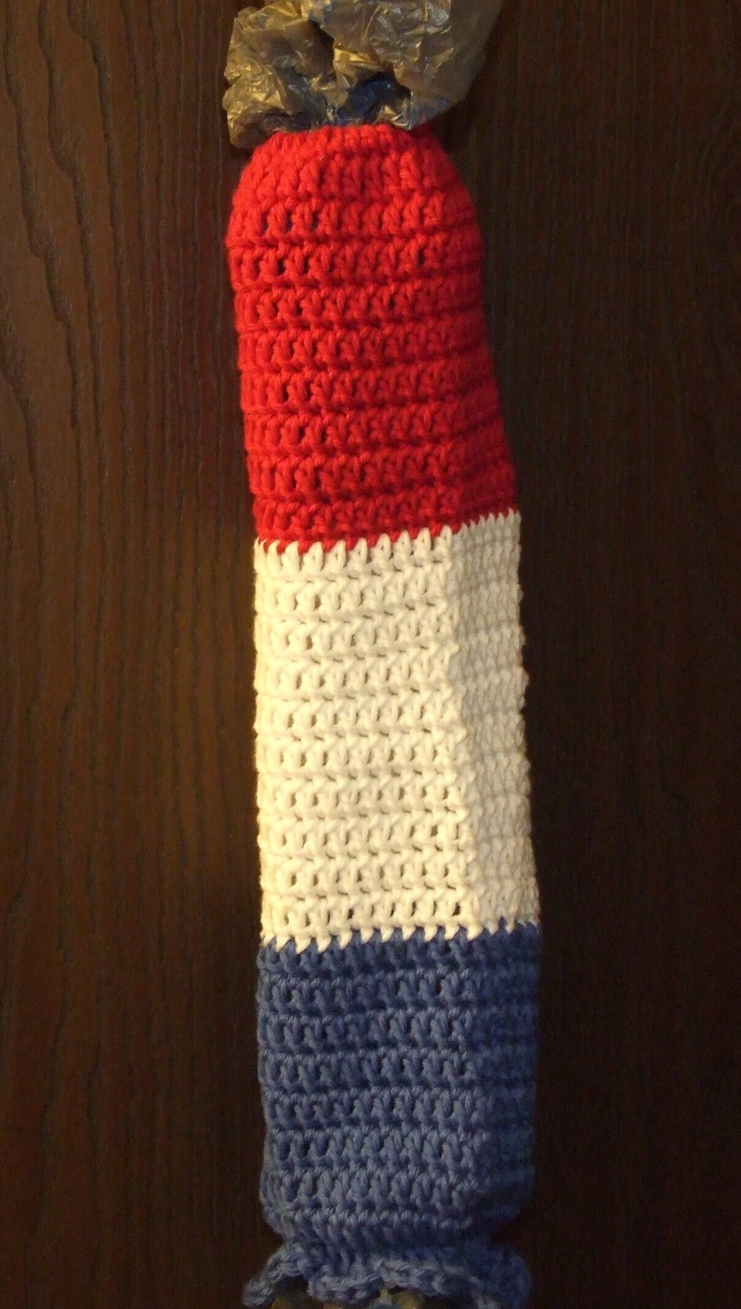 Crochet Plastic Grocery Bag Holder: Handmade Cotton Kitchen Organizer ...