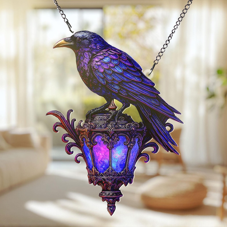 Halloween Gothic Raven Lantern Acrylic Window Hanging Decor Faux ...