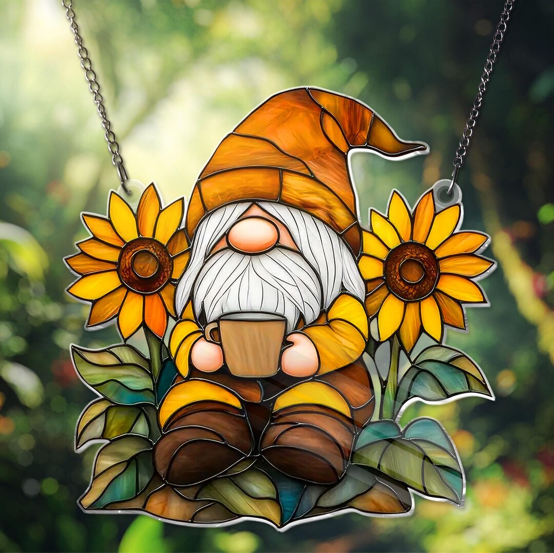 Gnome Sunflower ACRYLIC Window Hanging Suncatcher, Gnome Sun Catcher ...