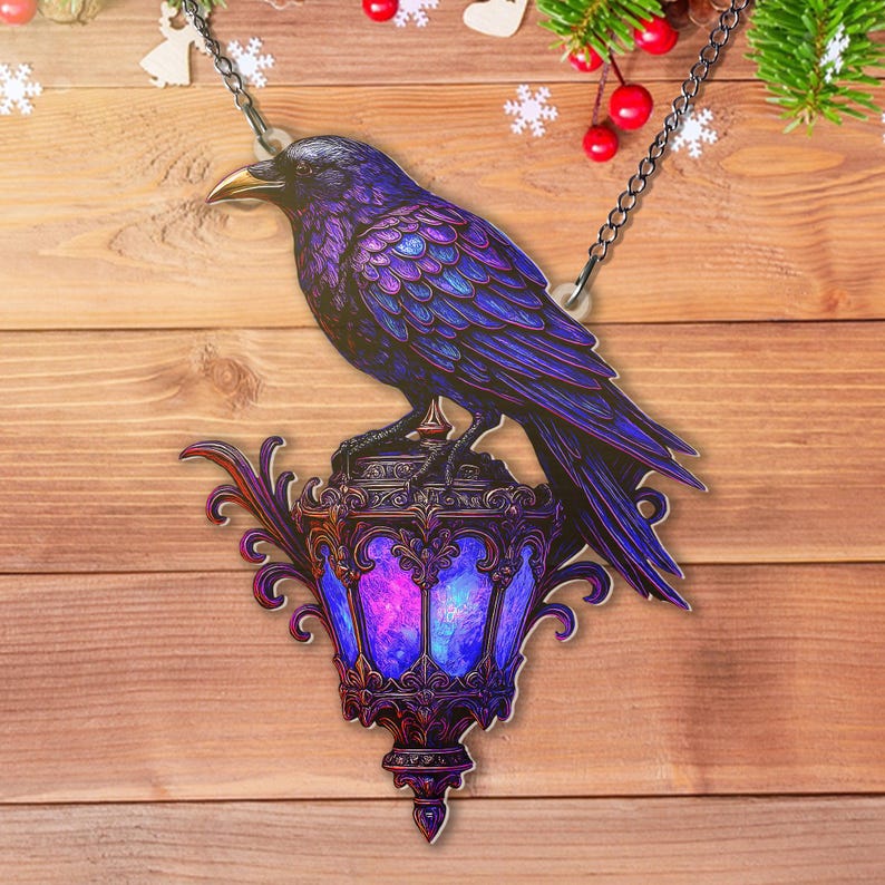 Halloween Gothic Raven Lantern Acrylic Window Hanging Decor Faux ...