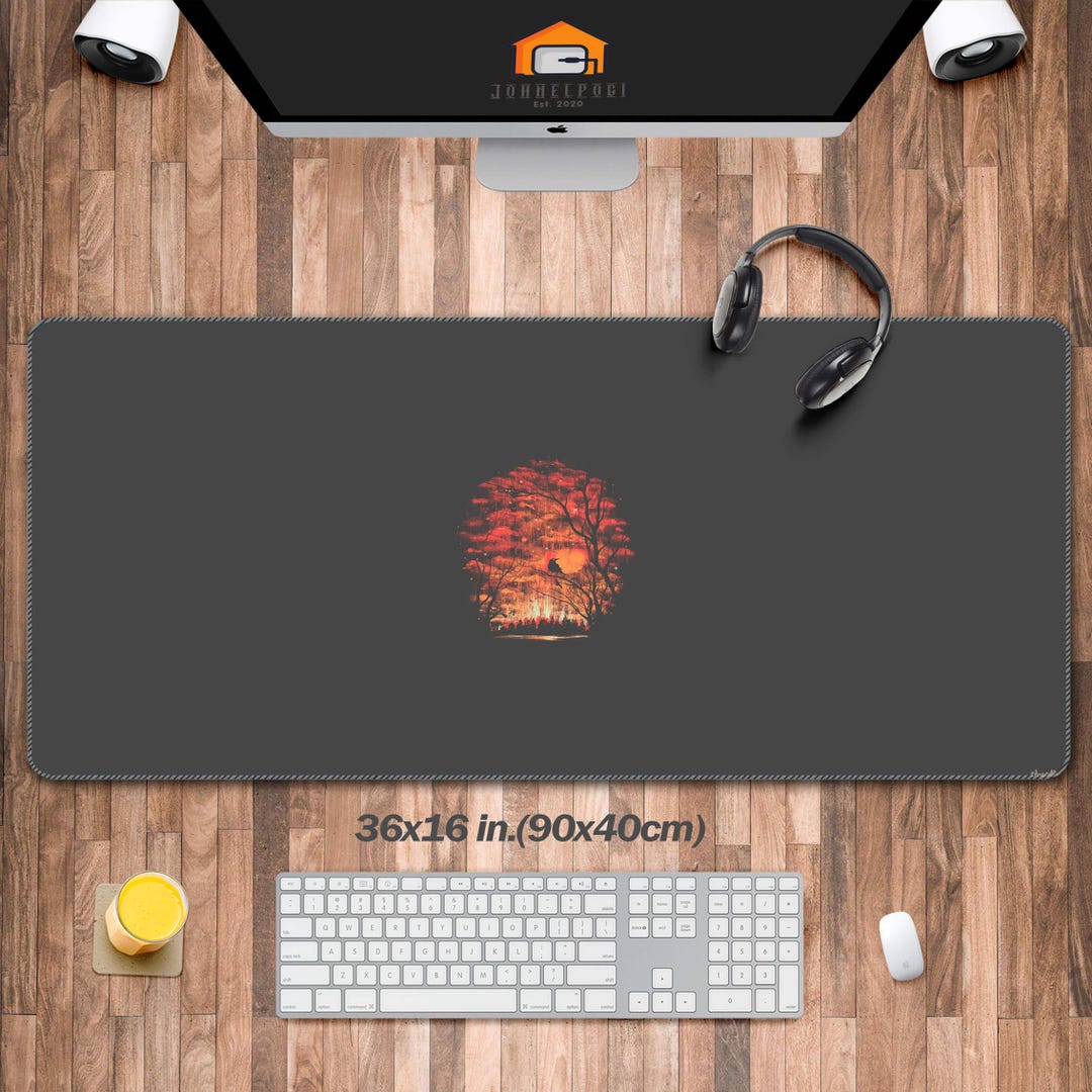 Minimalist Forest Crow Gaming Desk Pad Extended, Dark Fantasy Raven ...