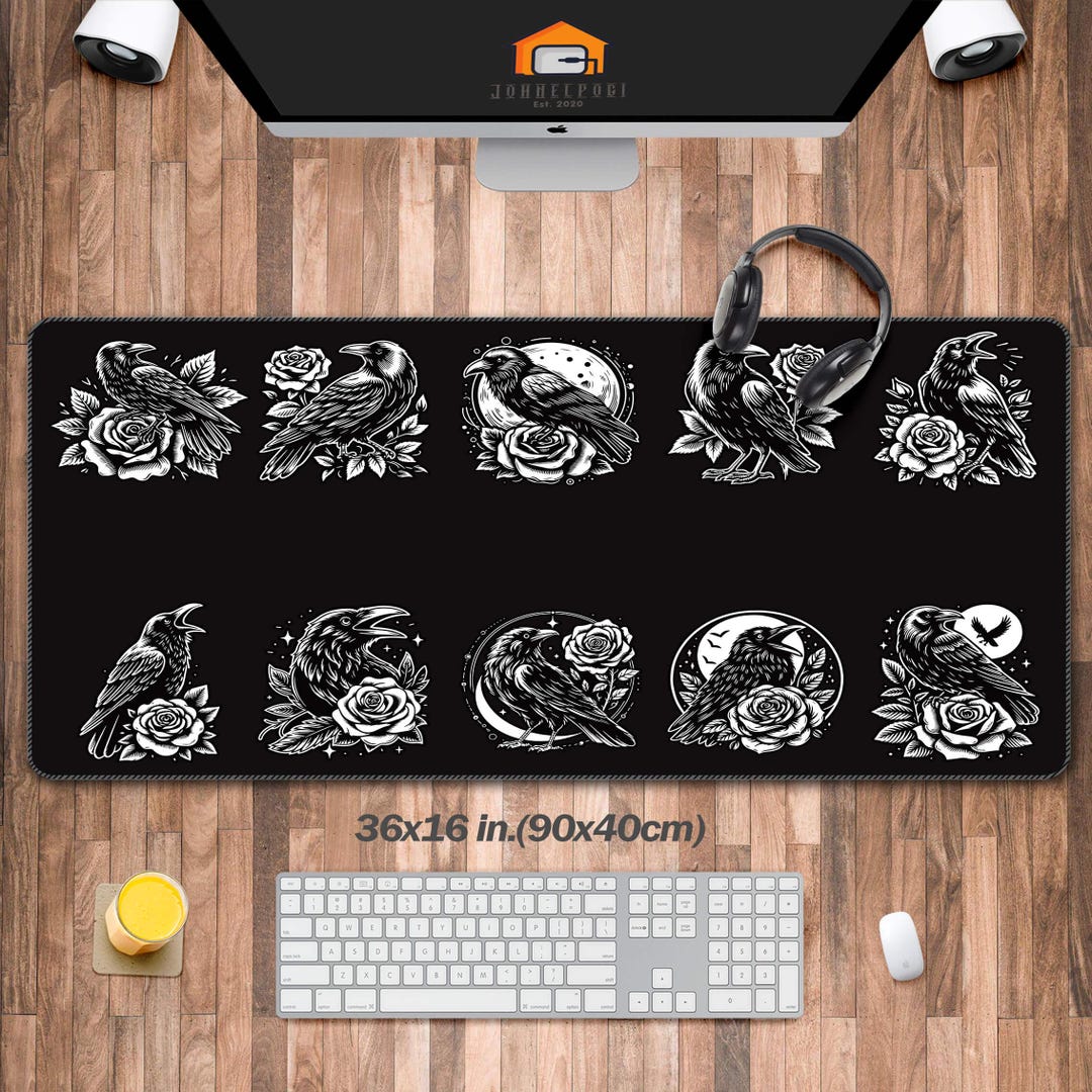 Crow Stand With Rose Flower Desk Mat, Grunge Vintage Style Desk Pad ...